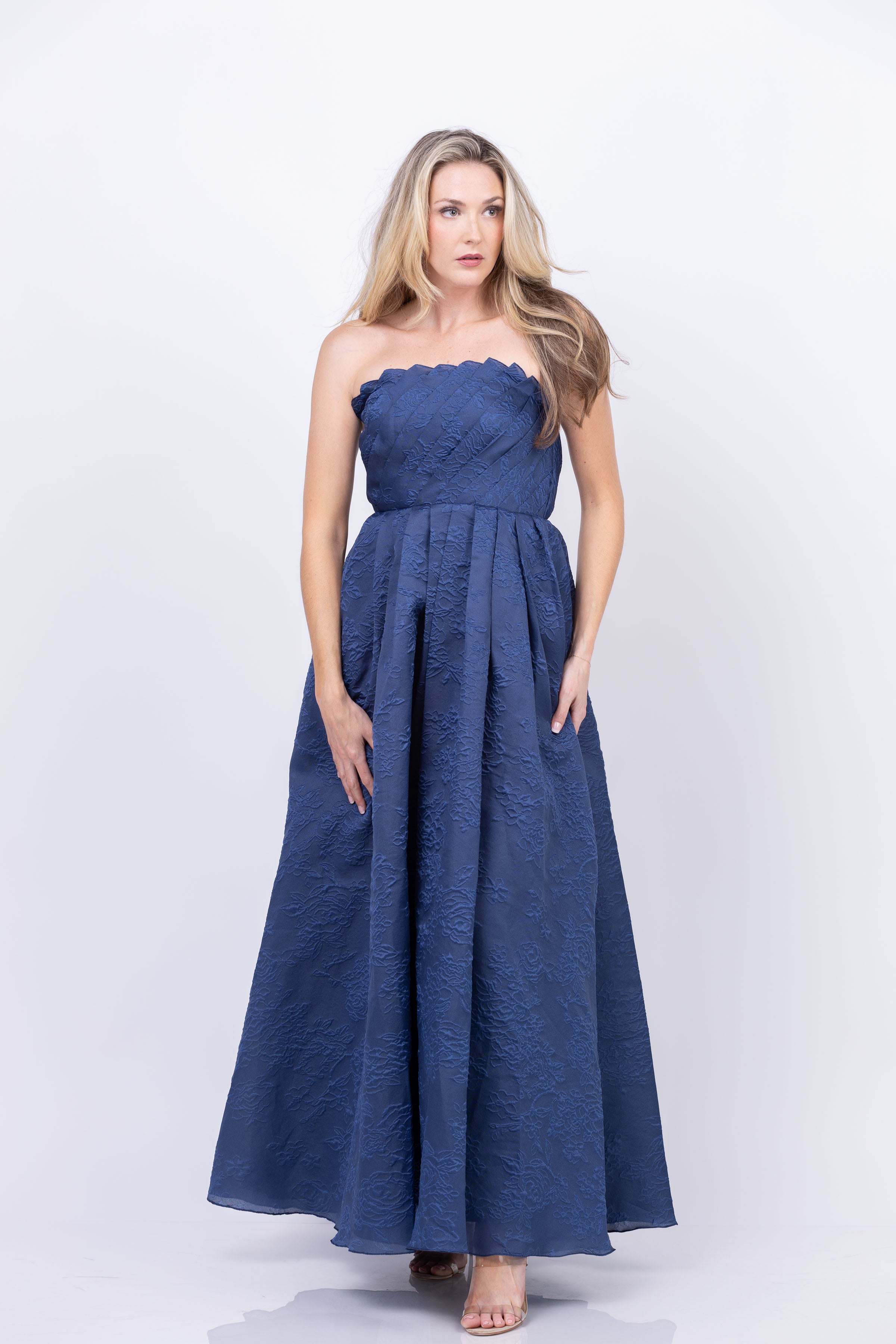 Theia Mariana Fan Fold Bodice Gown In Midnight Celeste