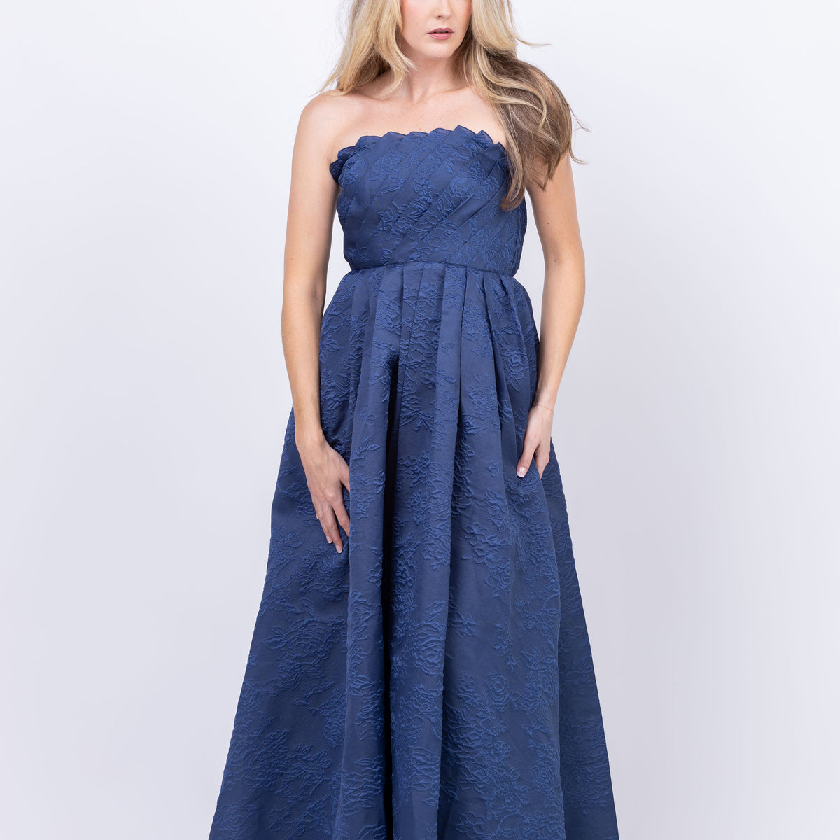 Theia Mariana Fan Fold Bodice Gown In Midnight Celeste – CoatTails