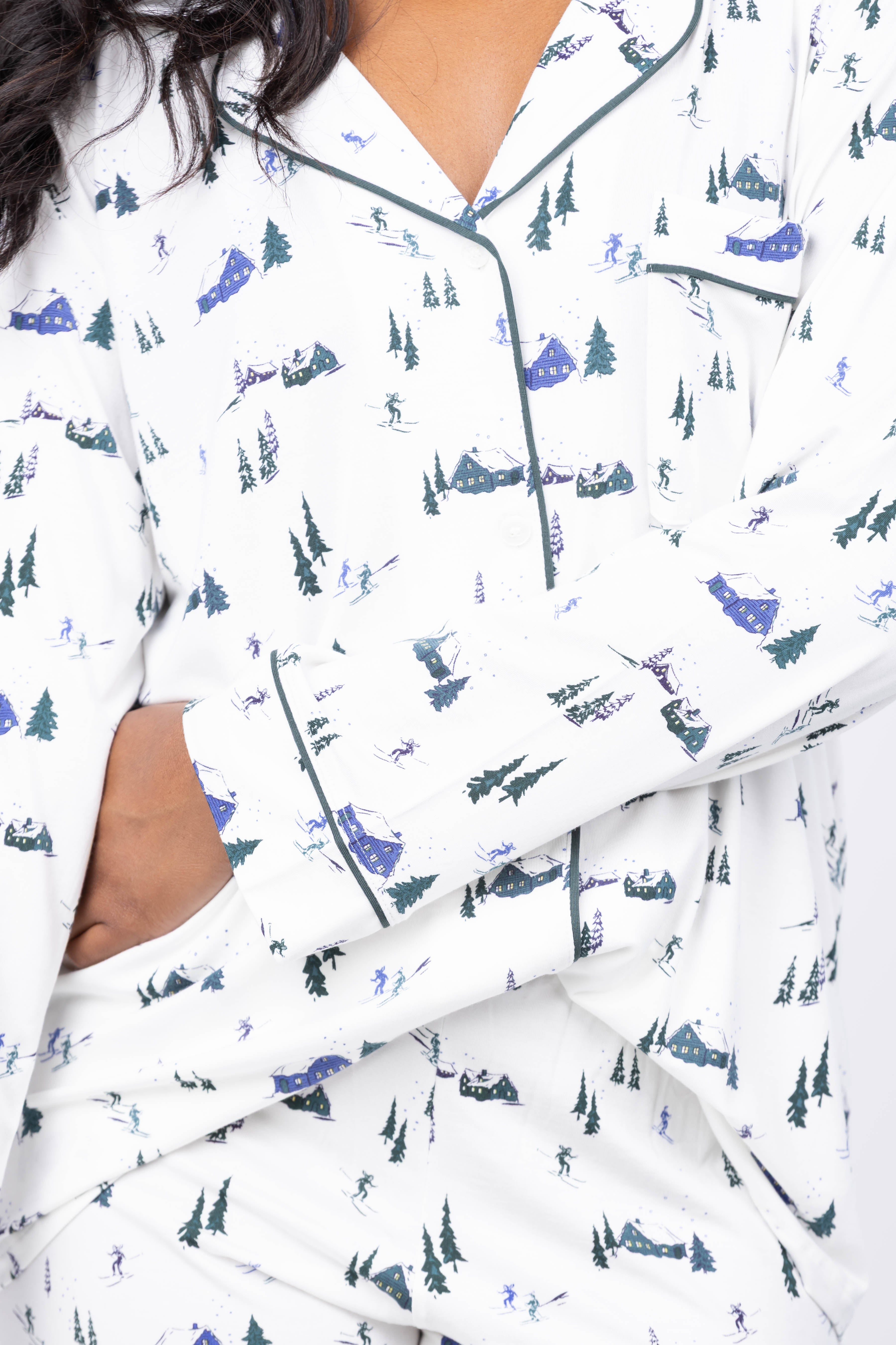 Eberjey Gisele Printed Long Pj Set in Ski Chalet Ivory/Pine