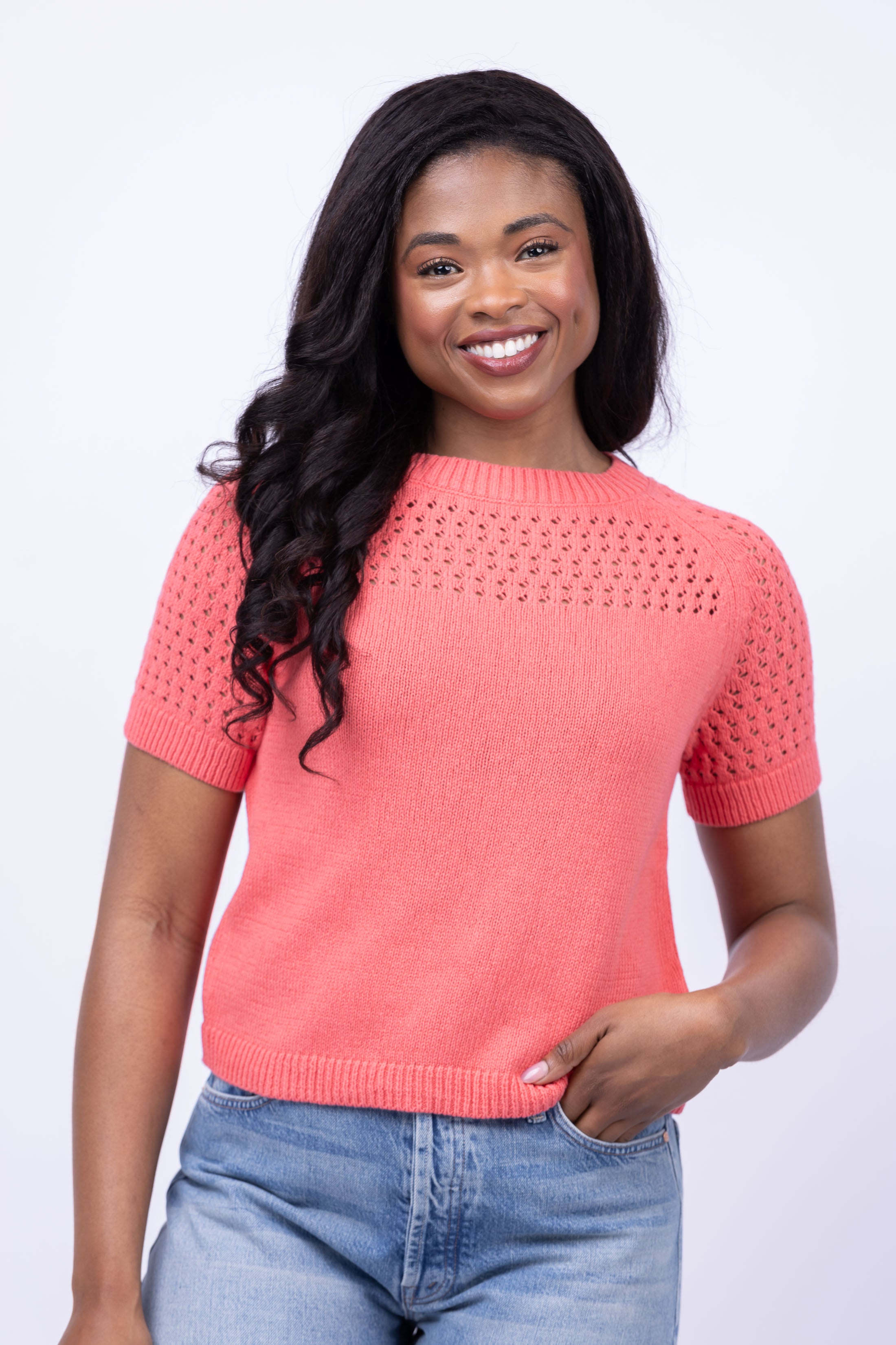Nic + Zoe Placed Crochet Sweat in Coral