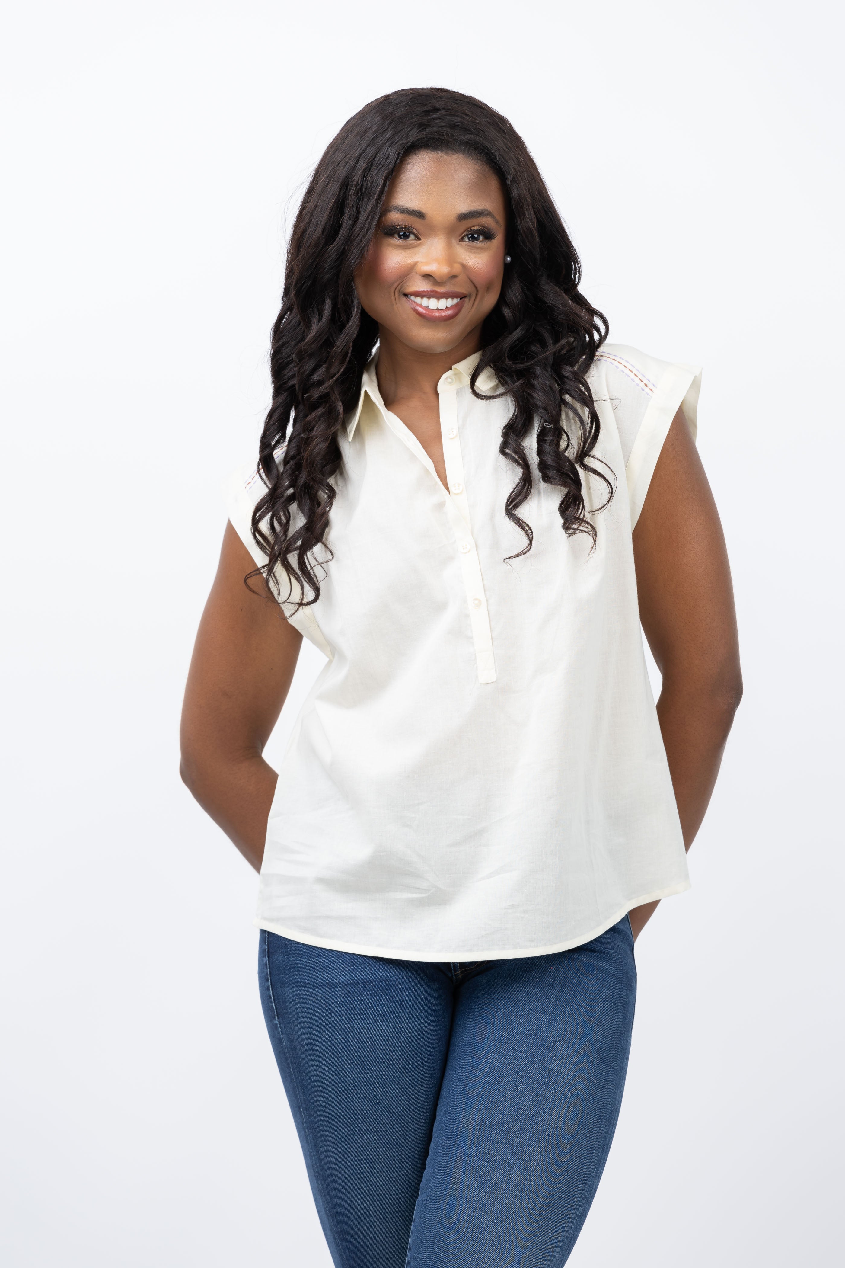 Lilla P Easy Yoke Top in Ecru