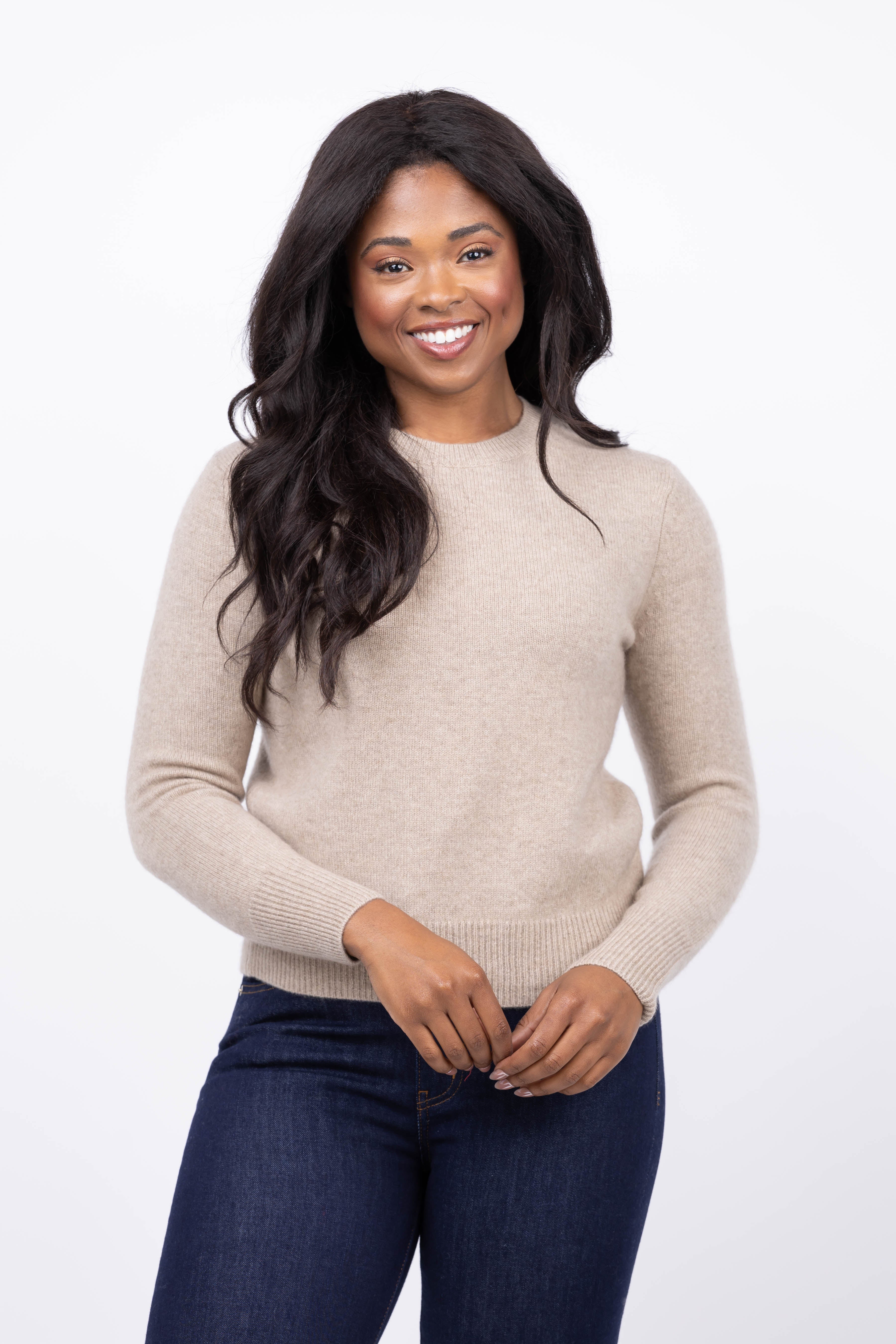 White + Warren Cashmere Rib Trim Crewneck in Taupe Heather